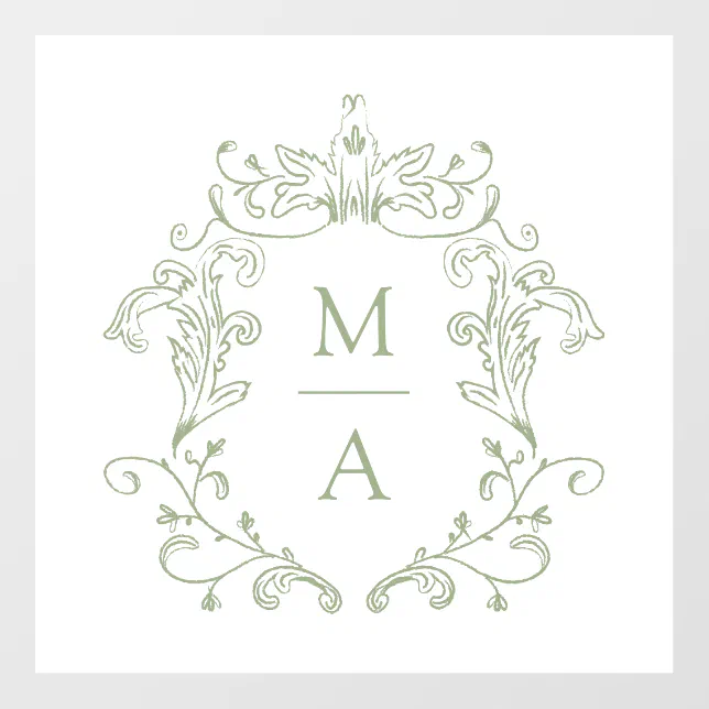 Elegant Sage Chinoiserie Crest Monogram Wedding Wall Decal | Zazzle