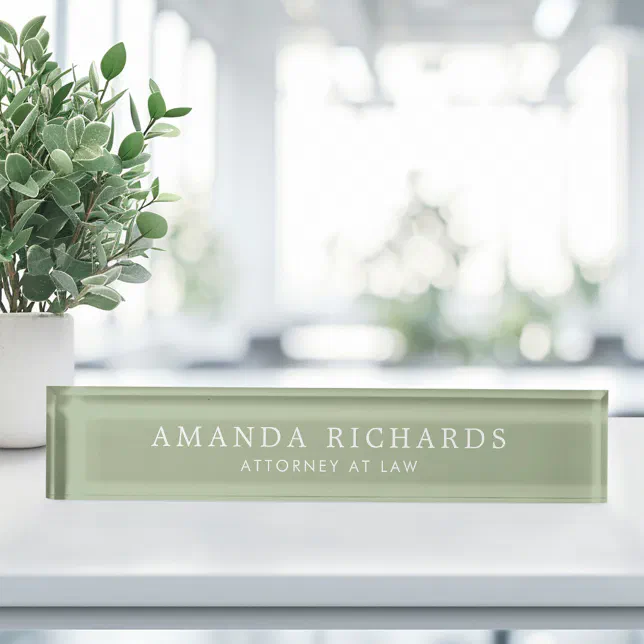 Elegant sage green and white trendy desk name plate | Zazzle