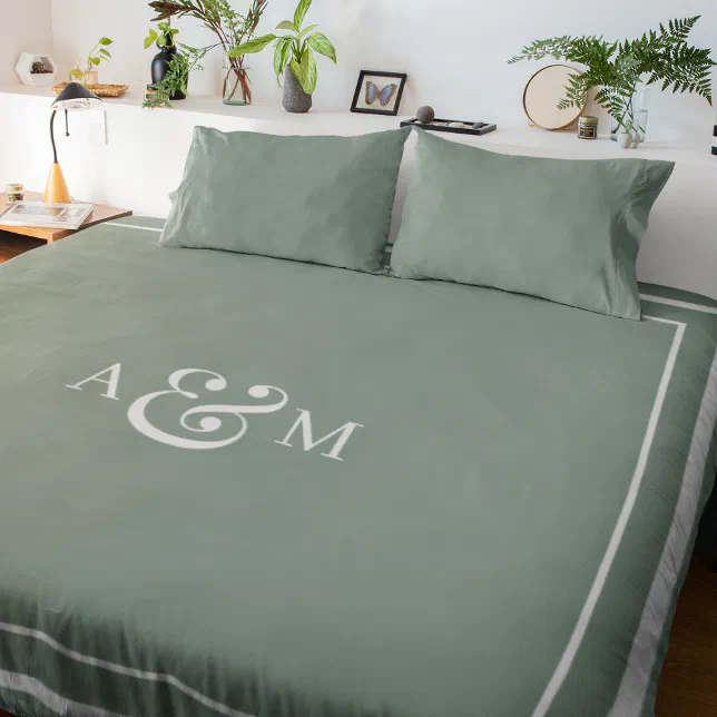 Elegant Sage Green Border Script Monogram King Duv Duvet Cover | Zazzle