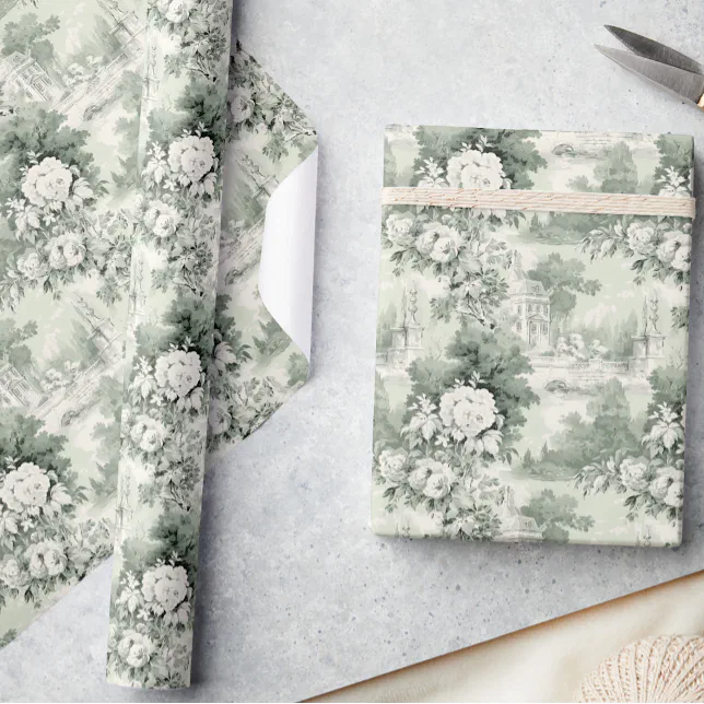 Elegant Sage Green French Roses Toile Floral Wrapping Paper | Zazzle