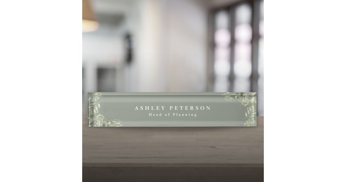 Elegant Sage Green Gold Greenery Desk Name Plate | Zazzle