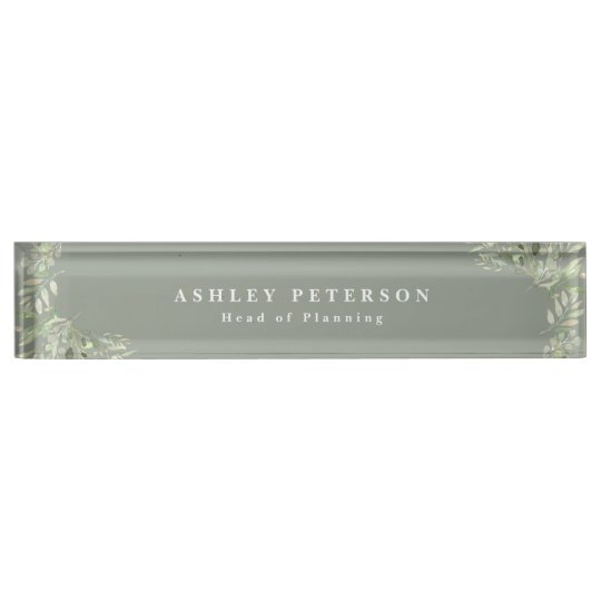Elegant Sage Green Gold Greenery Desk Name Plate | Zazzle.com