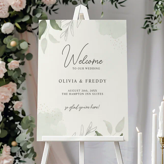 Elegant Sage Green Leaves Wedding Welcome Sign | Zazzle