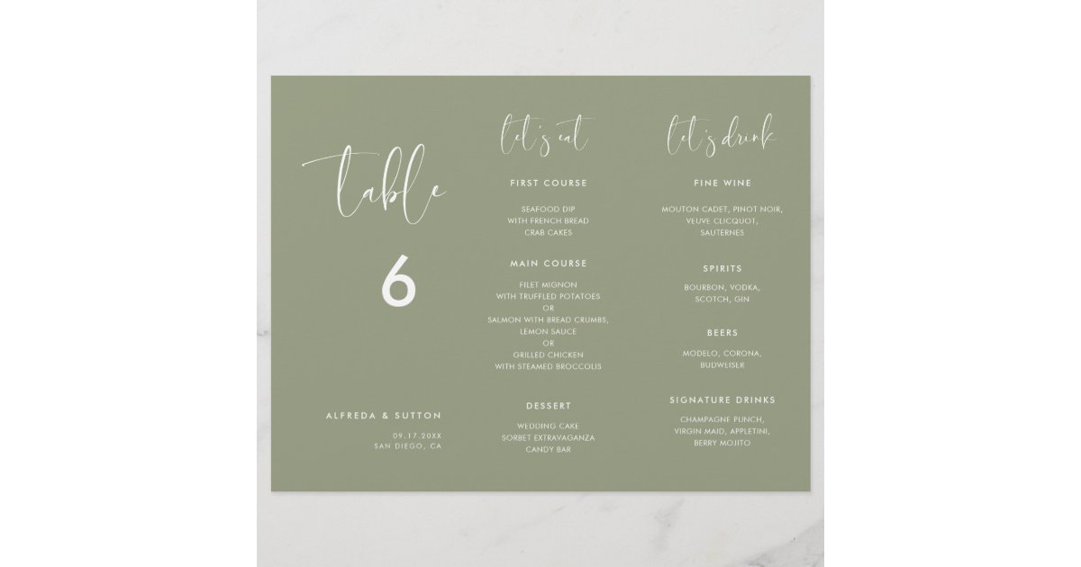 Elegant Sage Green Menu & Table number trifold | Zazzle