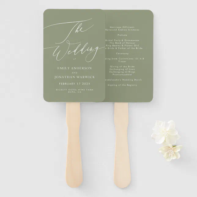 Elegant Sage Green Modern Calligraphy Wedding Hand Fan | Zazzle