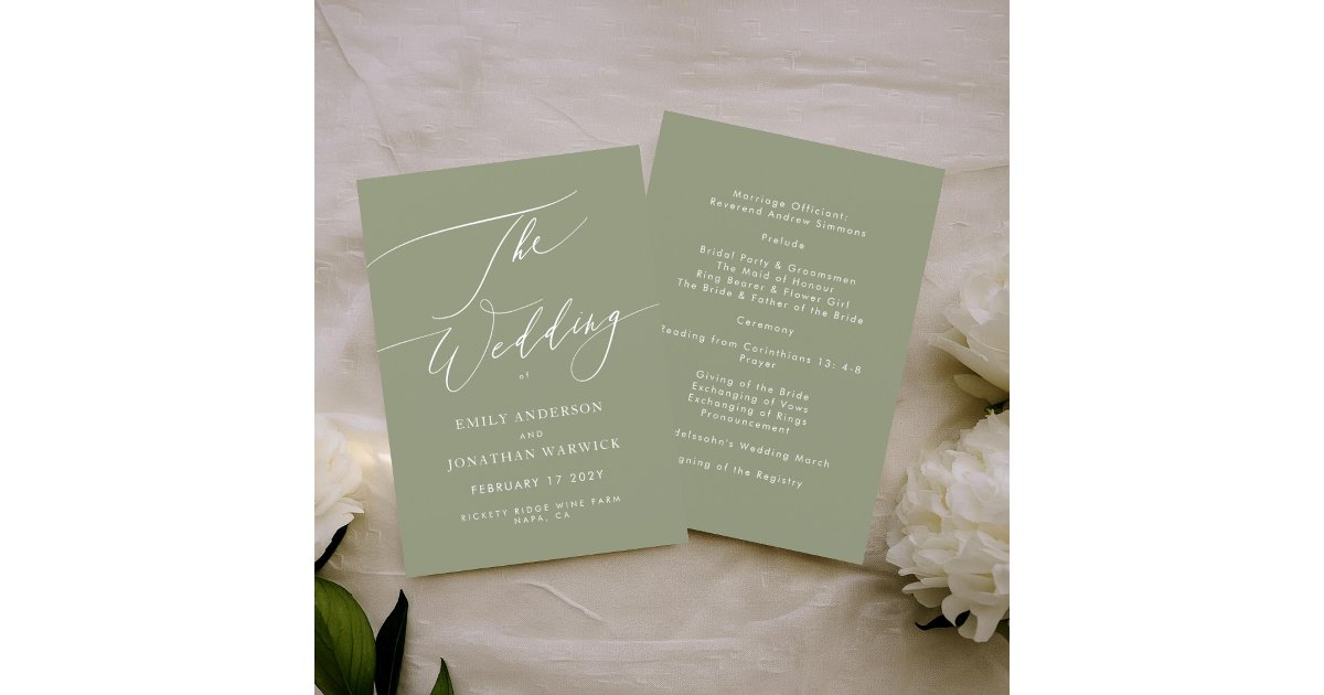 Elegant Sage Green Modern Calligraphy Wedding Program | Zazzle