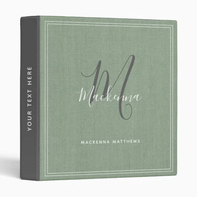 Elegant Sage Green Modern Monogram Script Linen 3 Ring Binder | Zazzle