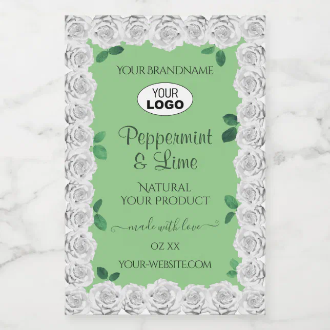 Elegant Sage Green Product Labels White Roses Logo | Zazzle