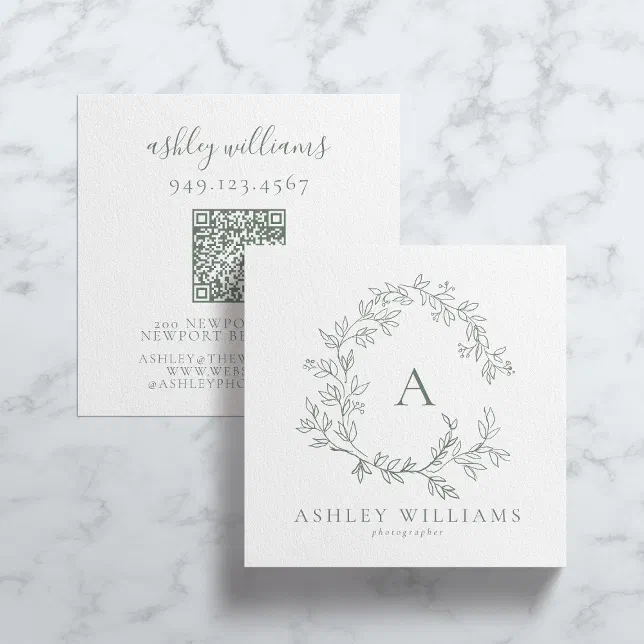 Elegant Sage Green QR Code Monogram Floral Crest Square Business Card ...