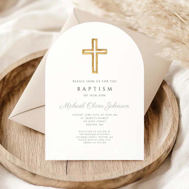 Elegant Sage Green Religious Cross Baptism Arch Invitation | Zazzle