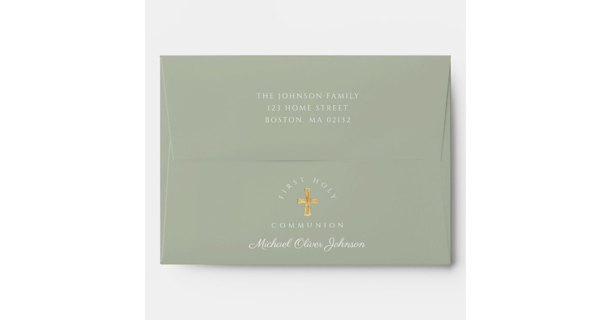 Elegant Sage Green Religious Cross First Communion Envelope | Zazzle