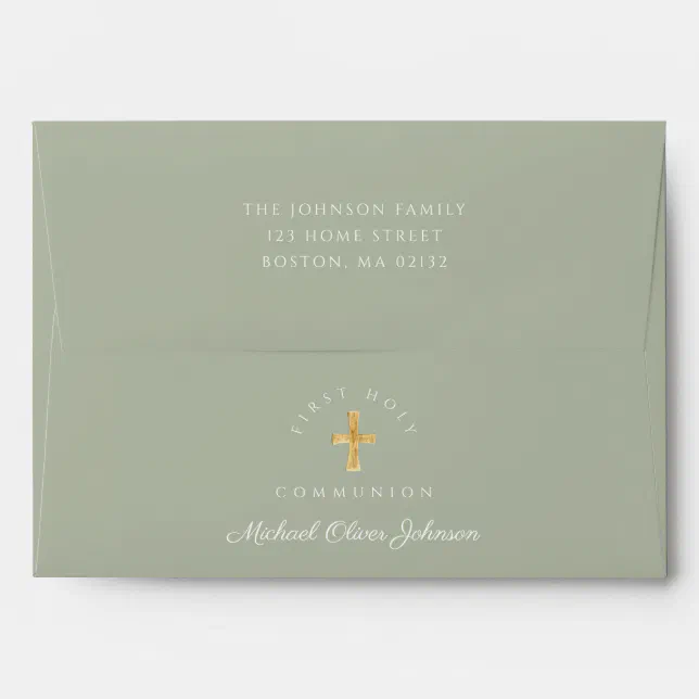 Elegant Sage Green Religious Cross First Communion Envelope | Zazzle