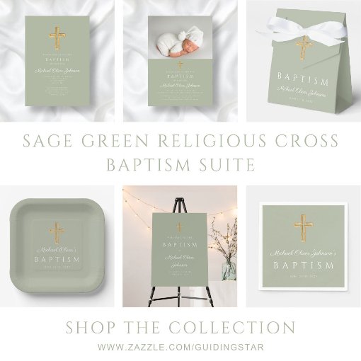 Elegant Sage Green Religious Cross Photo Baptism Invitation | Zazzle