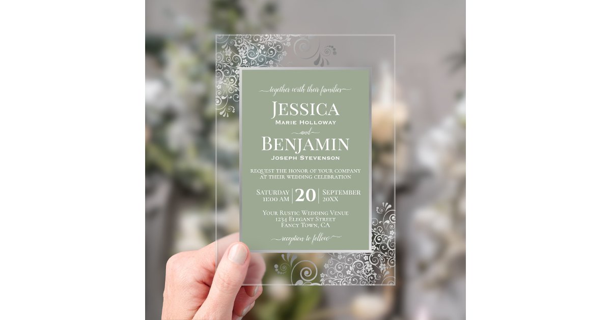 Elegant Sage Green & Silver Stylish Text Wedding Acrylic Invitations ...