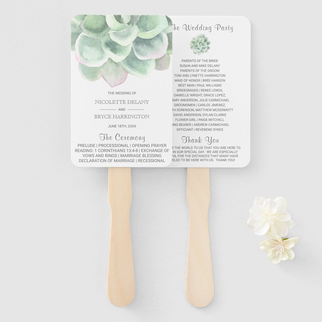 Elegant Sage Green Succulent Wedding Program Hand Fan | Zazzle