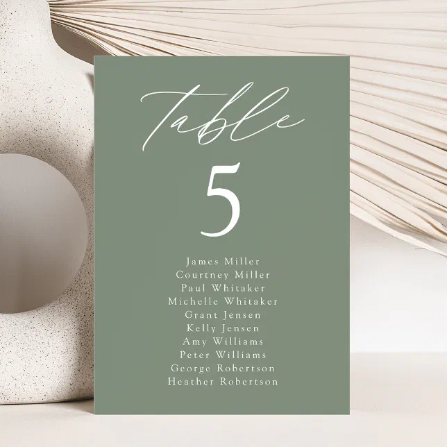 Elegant Sage Green Table Number Seating Chart | Zazzle