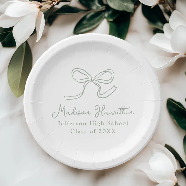 Elegant Sage Green Vintage Bow Graduation Paper Plates | Zazzle