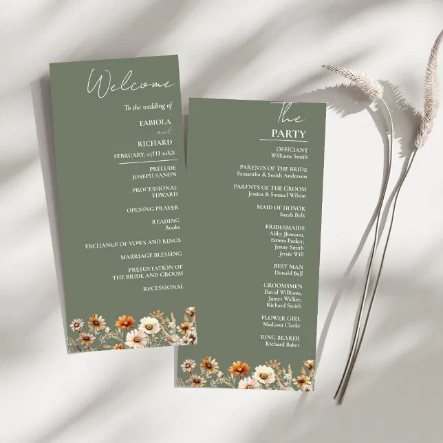 Elegant Sage Green Wildflower Wedding Program Card | Zazzle