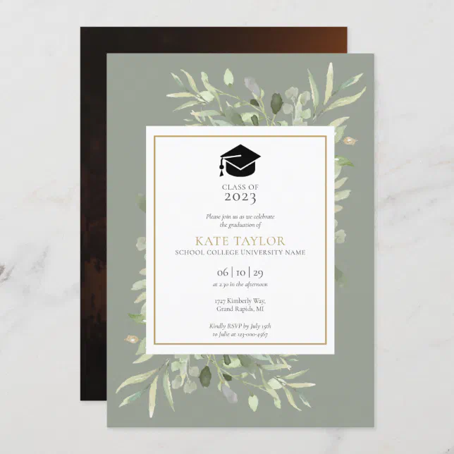 Elegant Sage Greenery Photo Graduation Party Invit Invitation | Zazzle