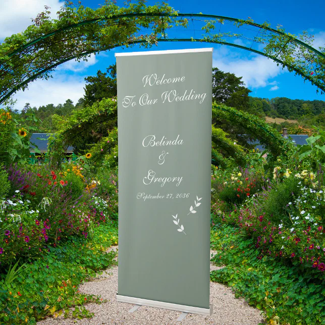 Elegant Sage Olive Green Script Wedding Welcome Retractable Banner | Zazzle