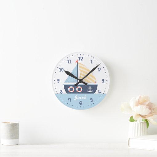 Elegant Sail boat Nautical Theme For Boys Room Round Clock | Zazzle