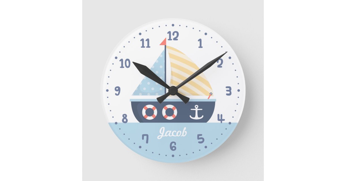 Elegant Sail boat Nautical Theme For Boys Room Round Clock | Zazzle