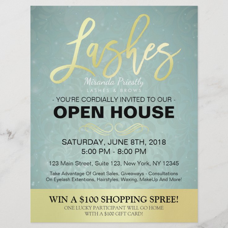 Elegant Salon Open House Flyer Gold & Blue Damask | Zazzle