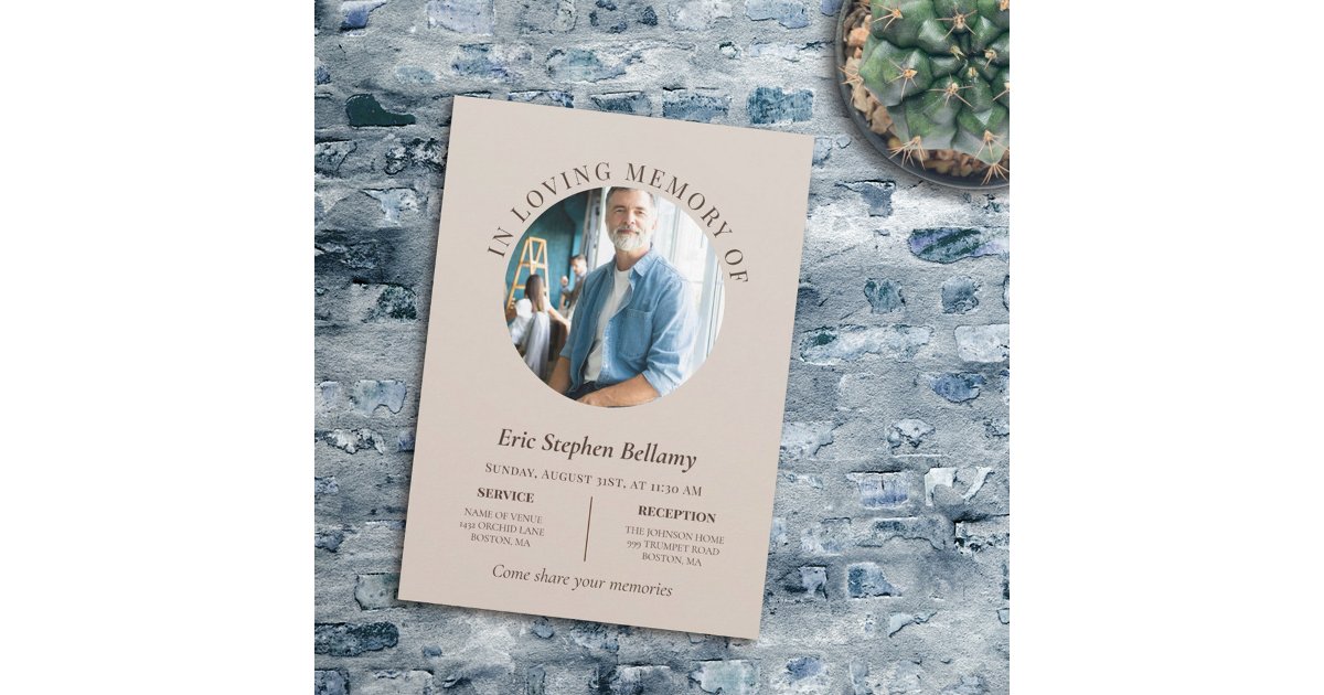 Elegant Sand & Brown Round Photo Memorial Funeral Invitation | Zazzle