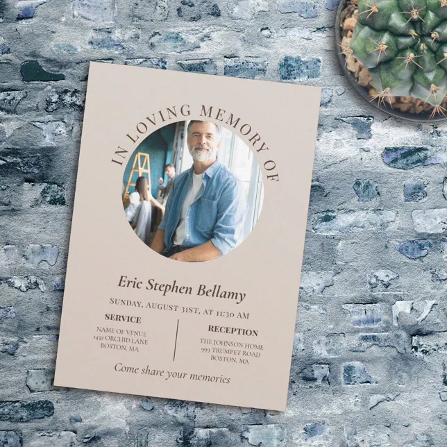 Elegant Sand & Brown Round Photo Memorial Funeral Invitation | Zazzle