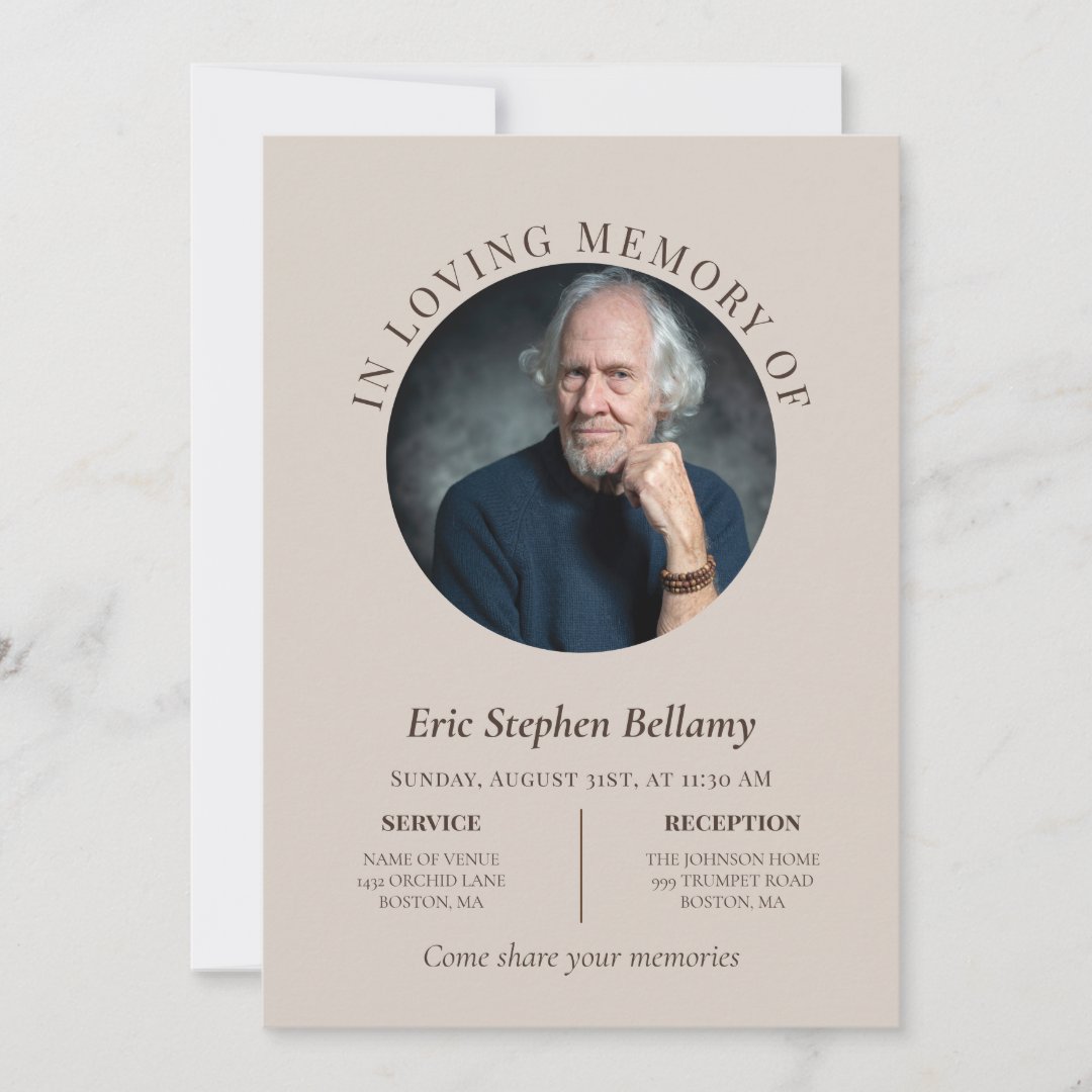 Elegant Sand & Brown Round Photo Memorial Funeral Invitation | Zazzle