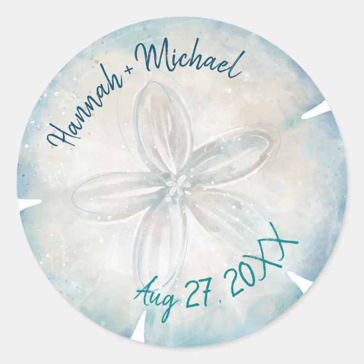 Elegant Sand Dollar Name Beach Wedding Classic Round Sticker | Zazzle