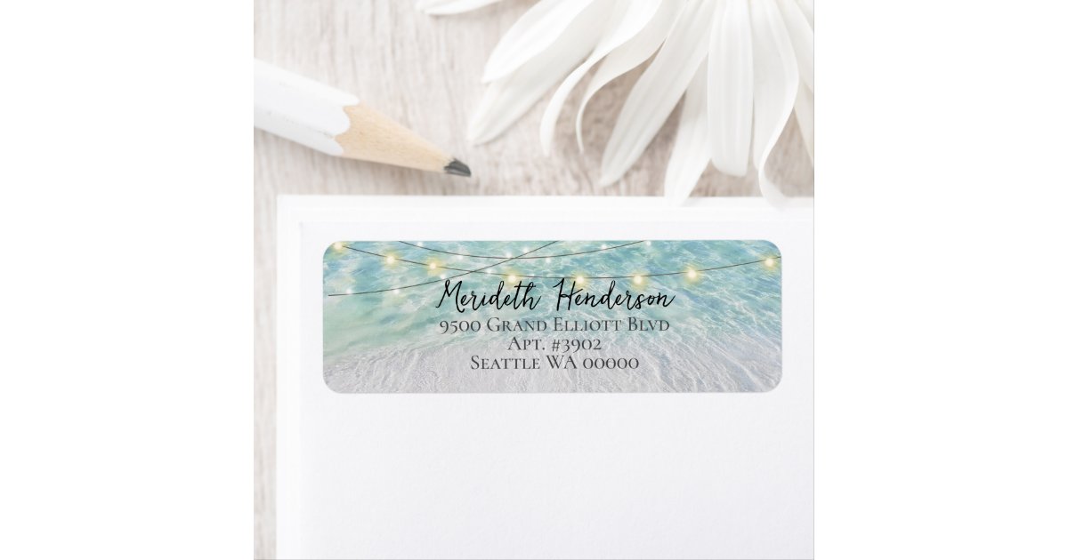 Elegant Sandy Beach SeaGlass Lights Script Wedding Label | Zazzle