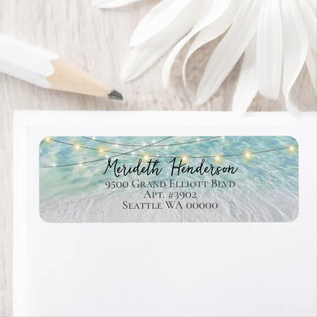 Elegant Sandy Beach SeaGlass Lights Script Wedding Label | Zazzle