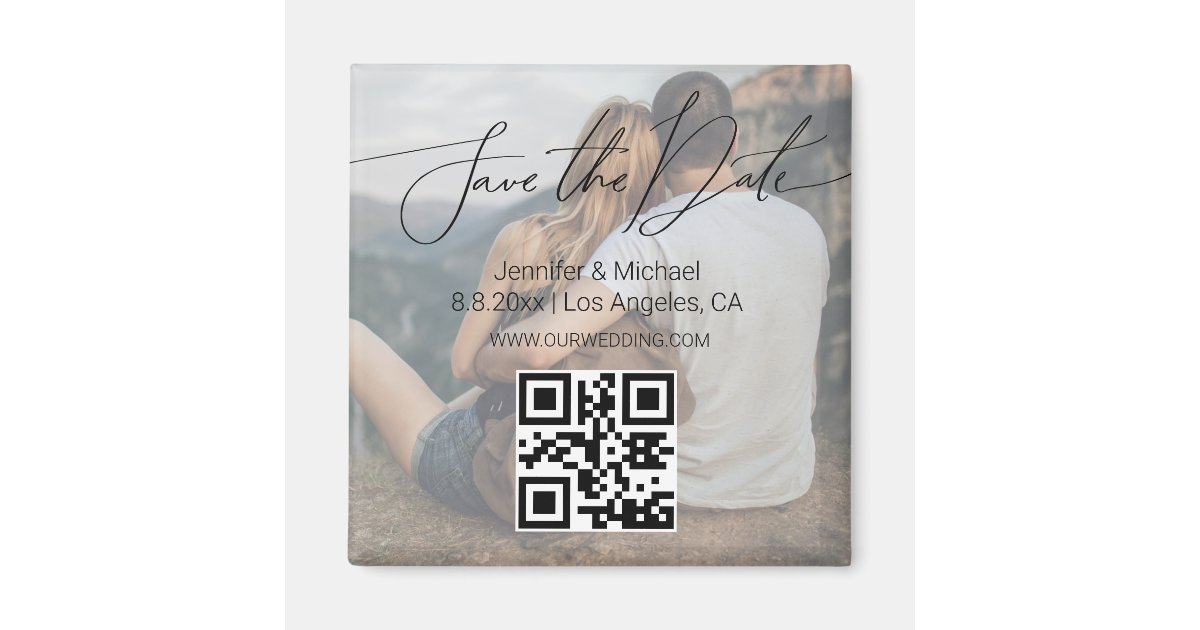 elegant save the date,qr code couple faded photo magnet | Zazzle