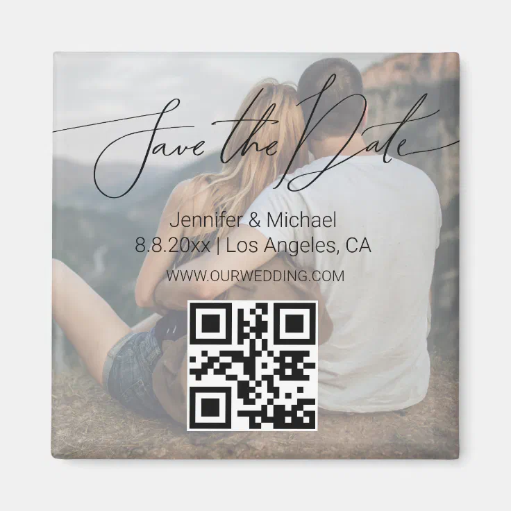 elegant save the date,qr code couple faded photo magnet | Zazzle