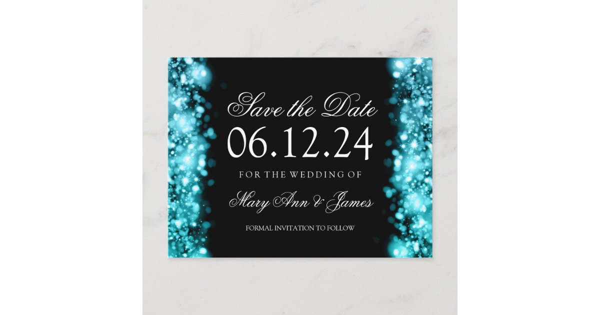 Elegant Save The Date Sparkling Lights Turquoise Announcement Postcard ...