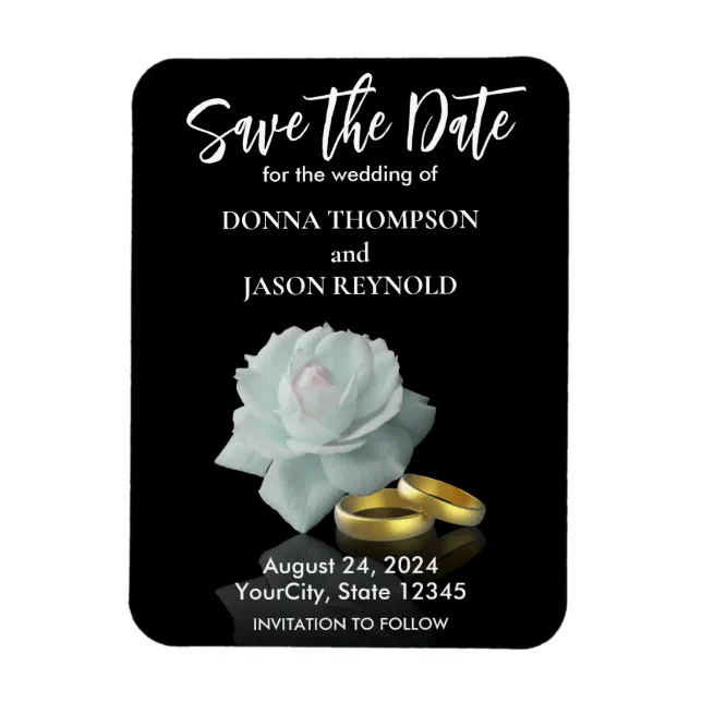 Elegant Save the Date White Rose Gold Rings Script Magnet | Zazzle