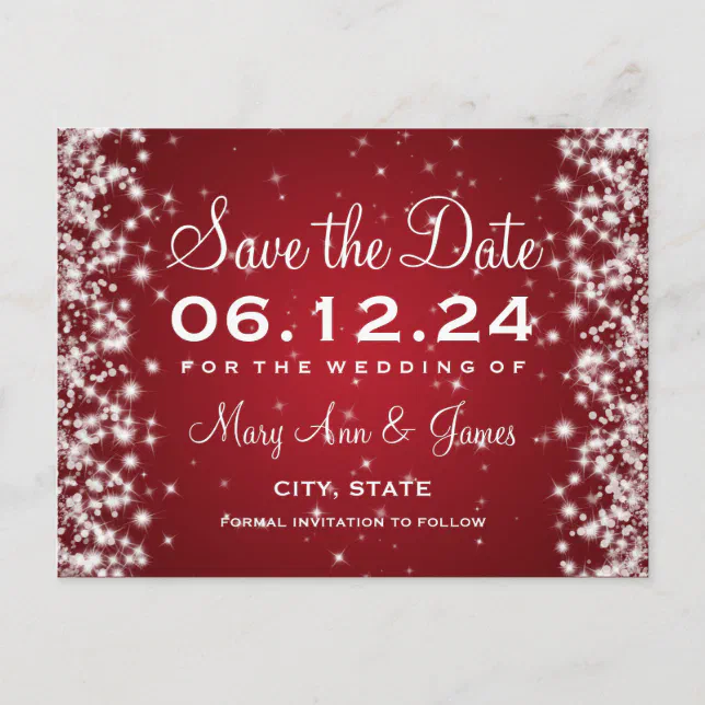 Elegant Save The Date Winter Sparkle Red Announcement Postcard | Zazzle