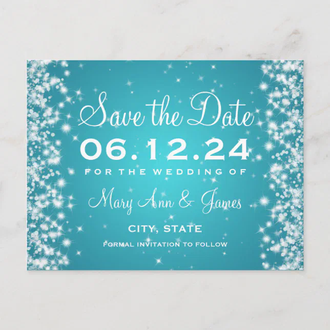 Elegant Save The Date Winter Sparkle Turquoise Announcement Postcard ...