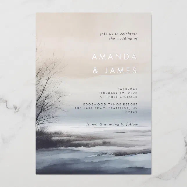 Elegant Scenic Abstract Landscape Winter Wedding Foil Invitation | Zazzle