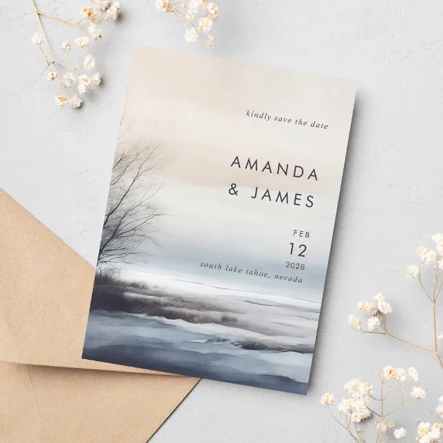 Elegant Scenic Abstract Landscape Winter Wedding Save The Date | Zazzle