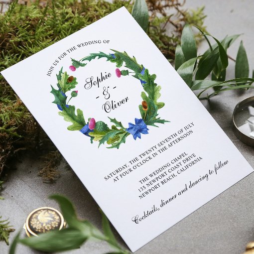 Elegant Scottish Thistle Floral Wreath Invitation | Zazzle