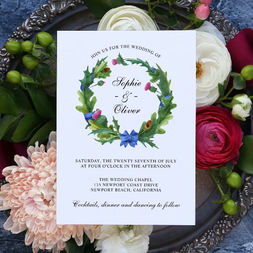 Elegant Scottish Thistle Floral Wreath Invitation | Zazzle