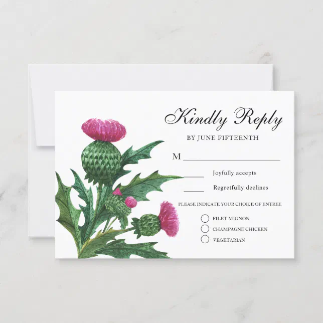 Elegant Scottish Thistle Wedding Meal Choice RSVP Invitation | Zazzle