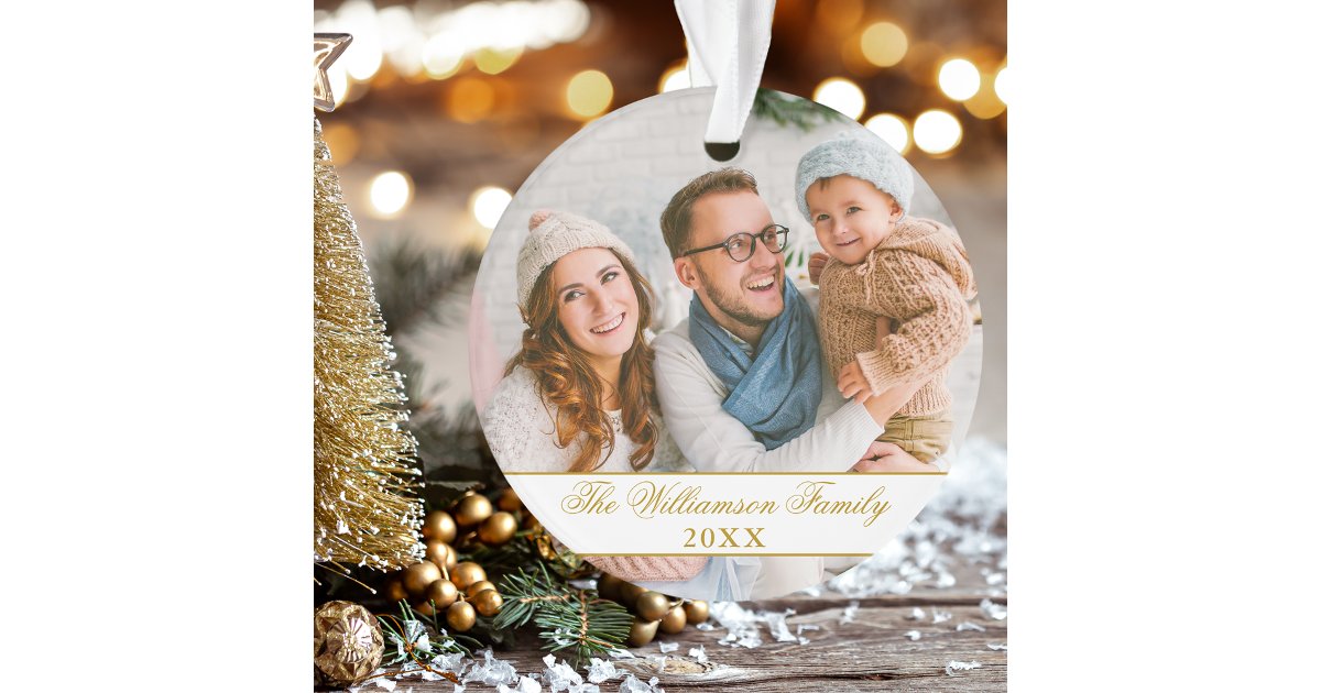 Elegant Script 2 Sided Photo Christmas Gold Ornament | Zazzle