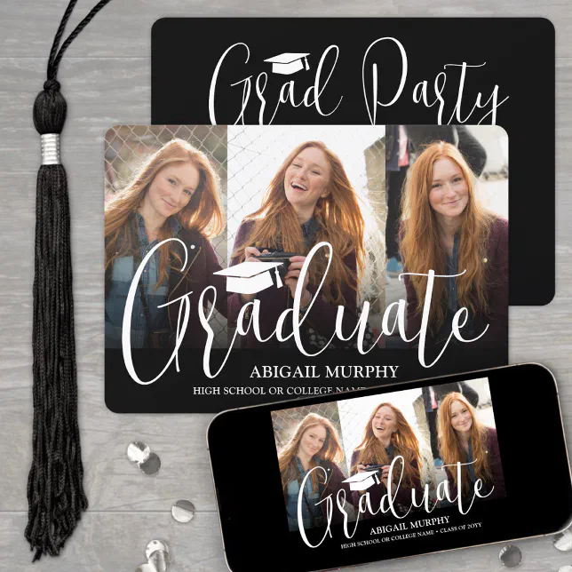 Elegant Script & 3 Photo Collage Graduation Party Invitation | Zazzle