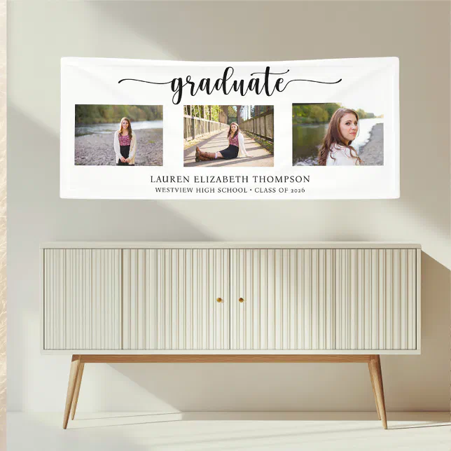 Elegant Script 3 Photo Graduation Banner | Zazzle