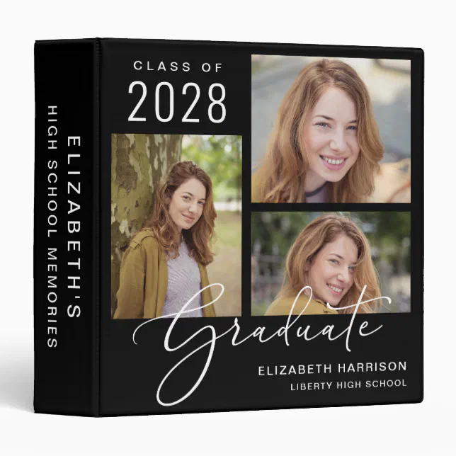 Elegant Script 3 Photo Graduation Black 3 Ring Binder | Zazzle