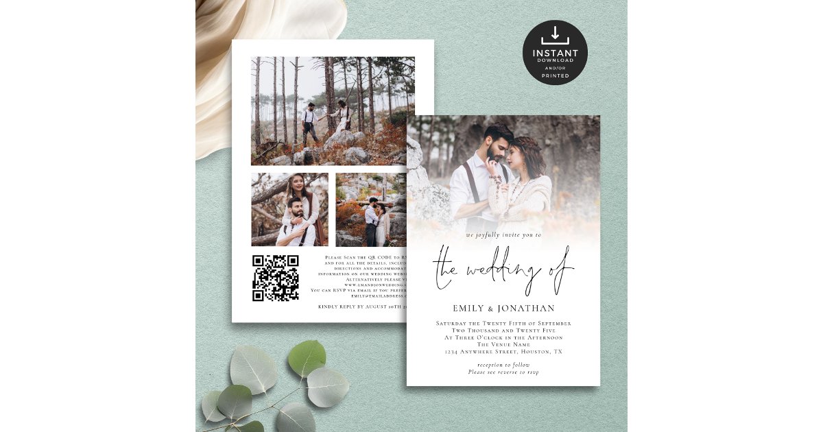 Elegant Script 4 Photos Overlay QR Code Wedding Invitation | Zazzle