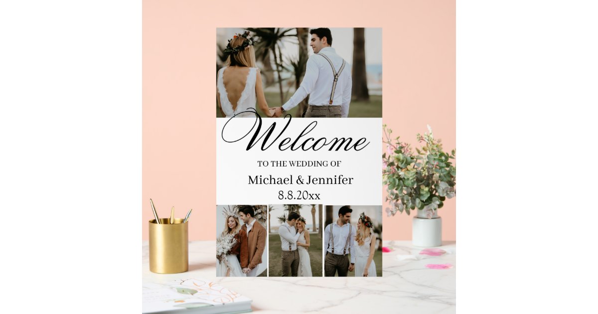 elegant script 4 photos stylish wedding welcome acrylic sign | Zazzle